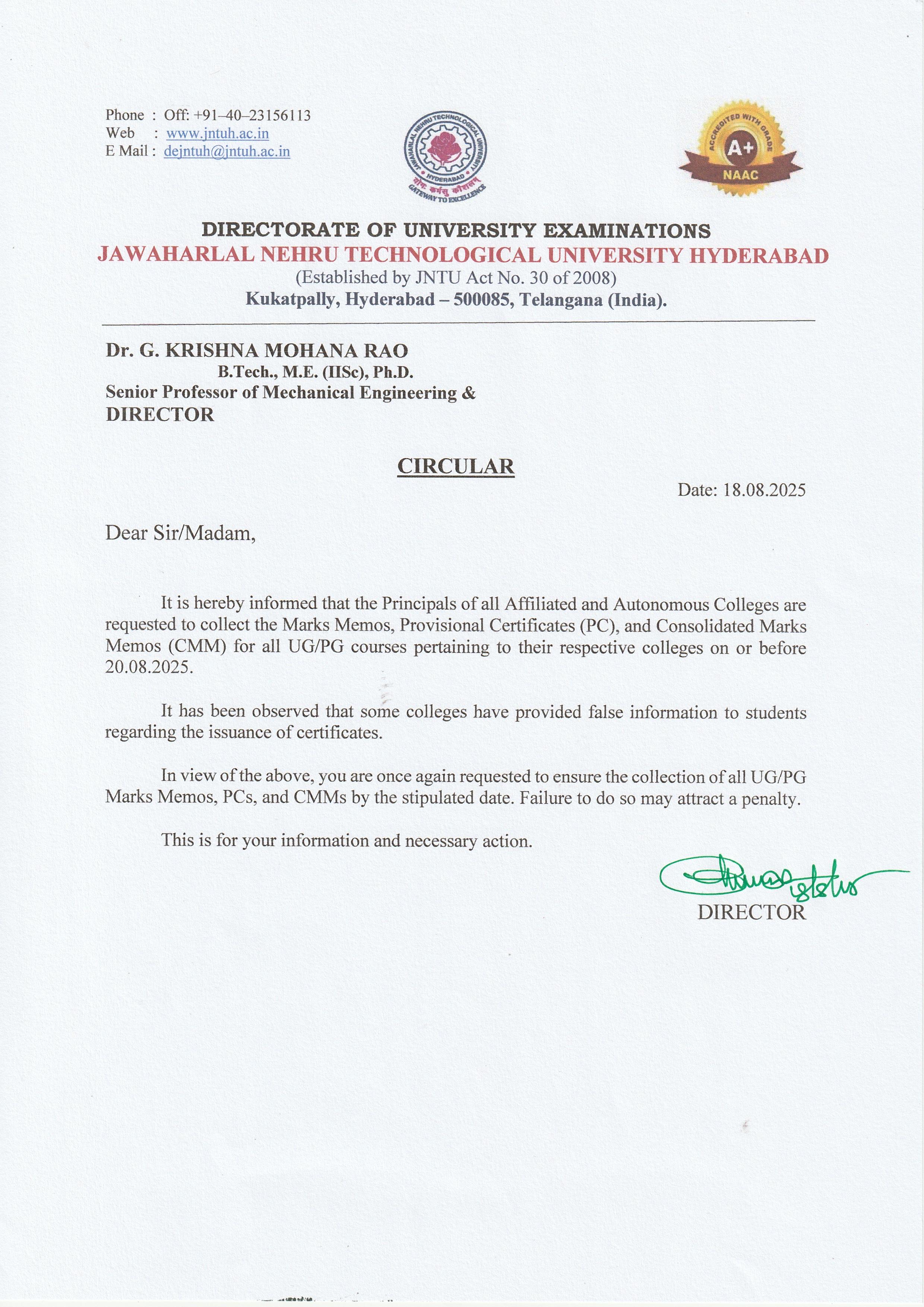 Circular - Collection of Marks Memos, Provisional Certificates(PC) and ...