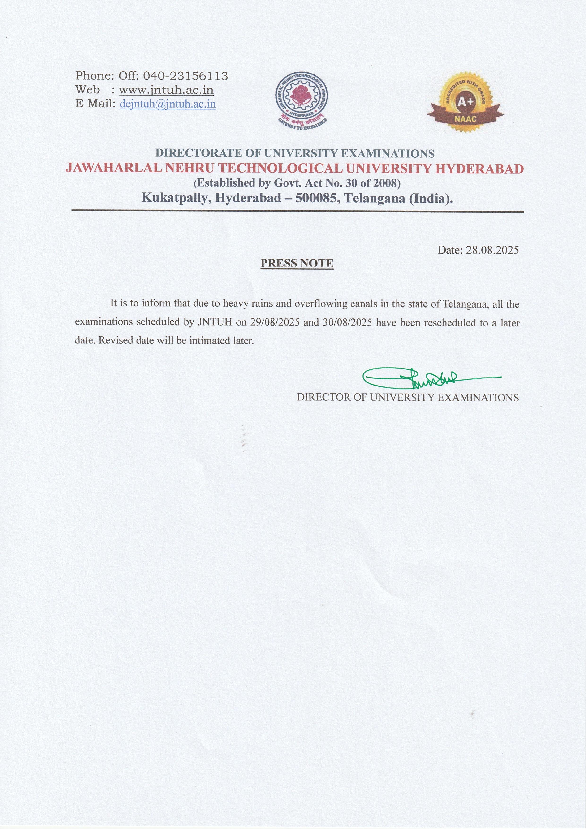 Rescheduling of Examinations Scheduled by JNTUH on 29/08/2025 and 30/08 ...