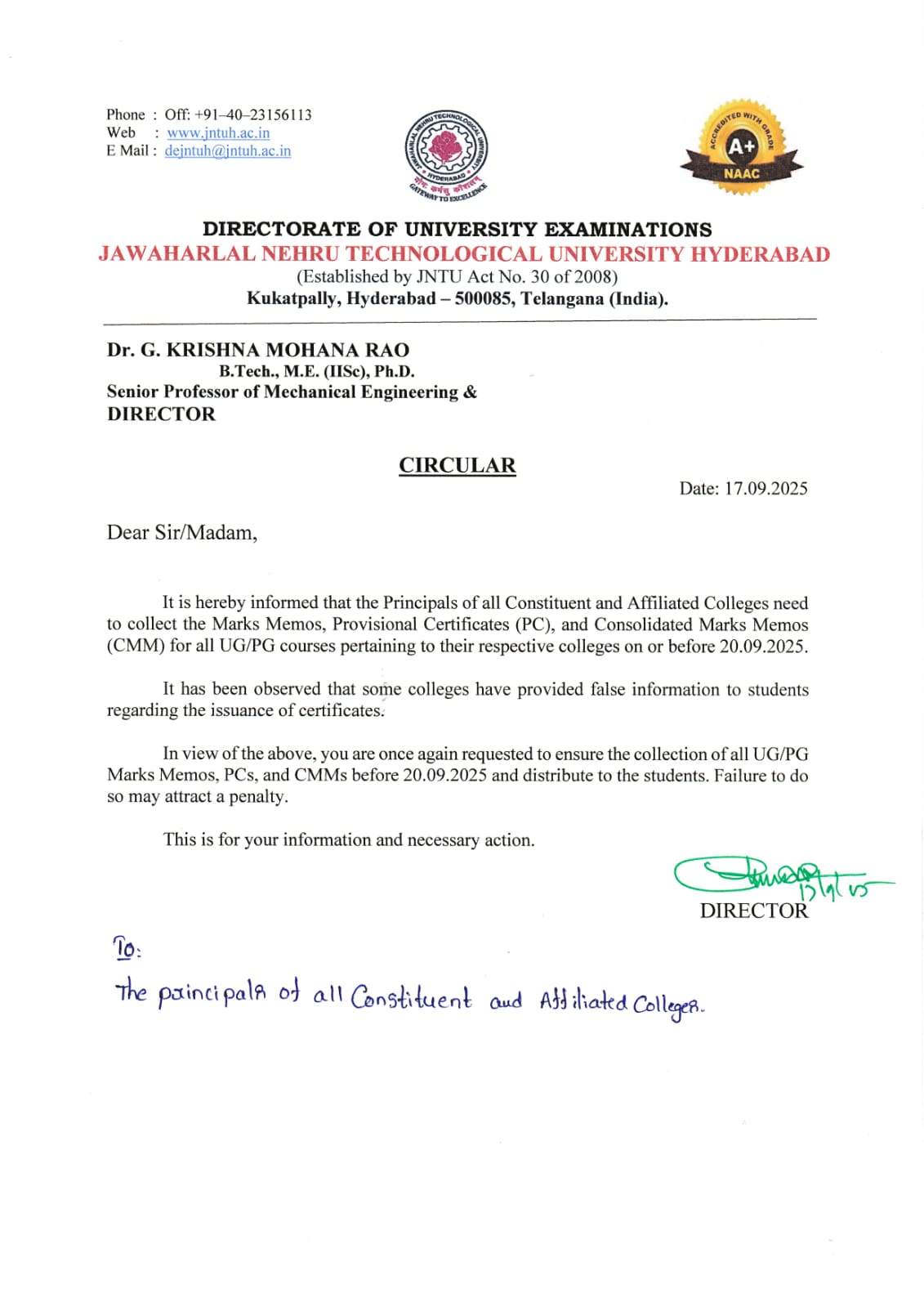 Circular - Collection of Marks Memos, Provisional Certificates(PC) and ...